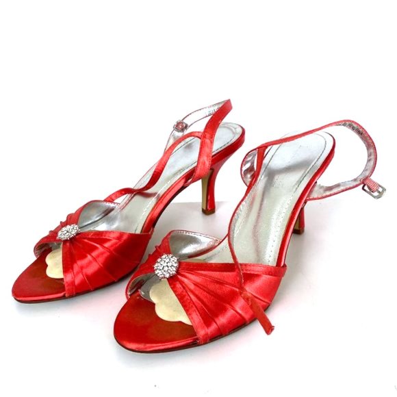David's Bridal | Shoes | Peep Toe Red Satin High Heels Dress Shoes ...